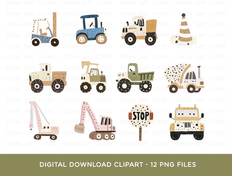 Construction Clipart Bundle, Vehicles Painted Digger Excavator Dump ...