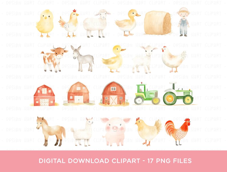 Farm Animals Clipart Bundle - Watercolor Barnyard Tractor Pig Duck ...