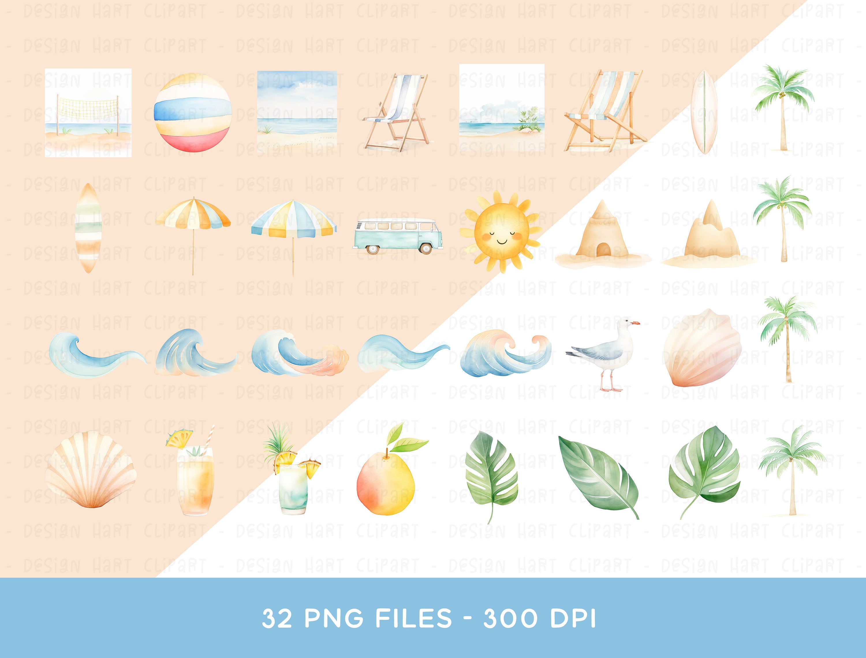Beach Clipart Bundle - Pastel Watercolor Ocean Palm Tree Sun Waves PNG ...