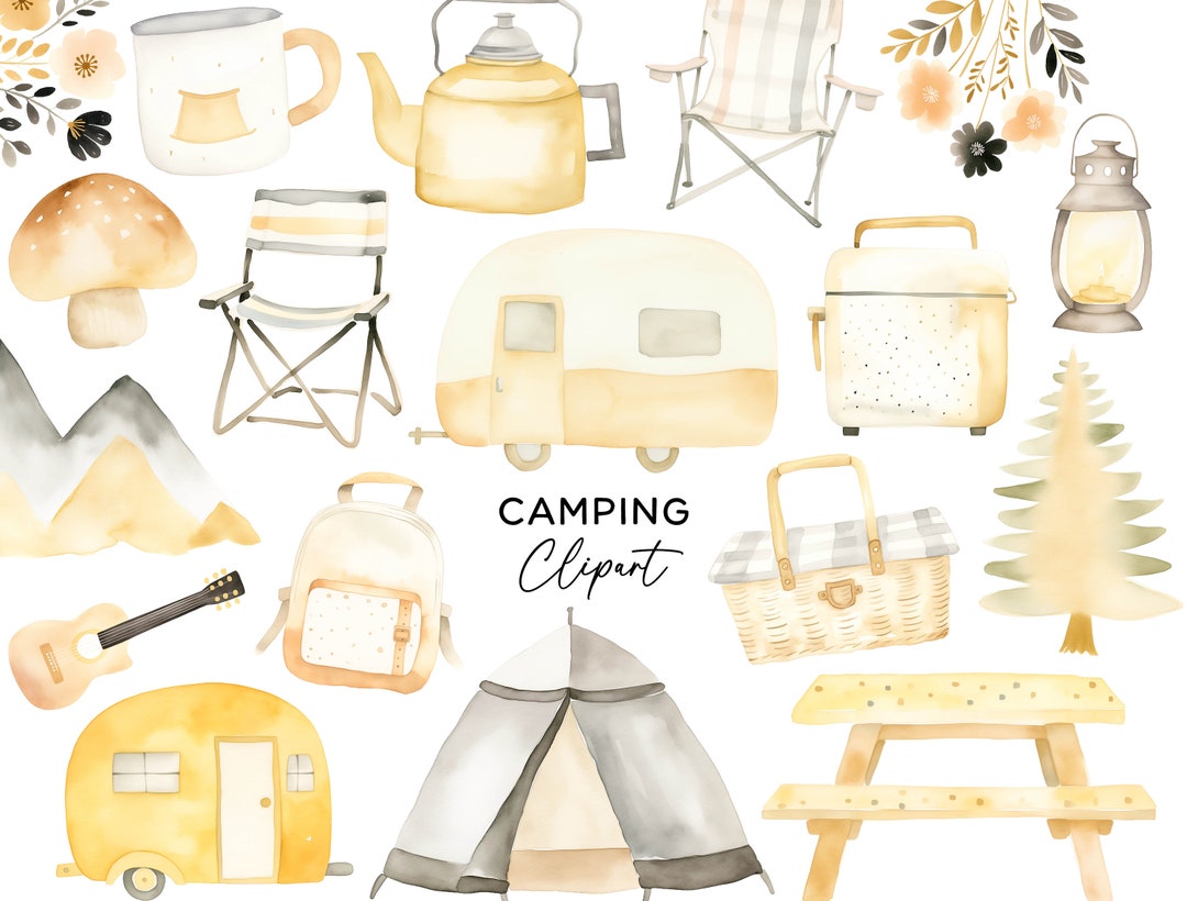 Camping Clipart Bundle, Adventure Watercolor Camper Caravan Picnic Tent ...
