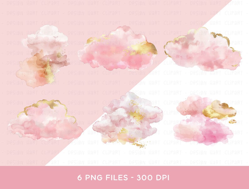 Cloud Clipart Bundle Set - Watercolor Pink & Gold Foil Pastel Weather ...