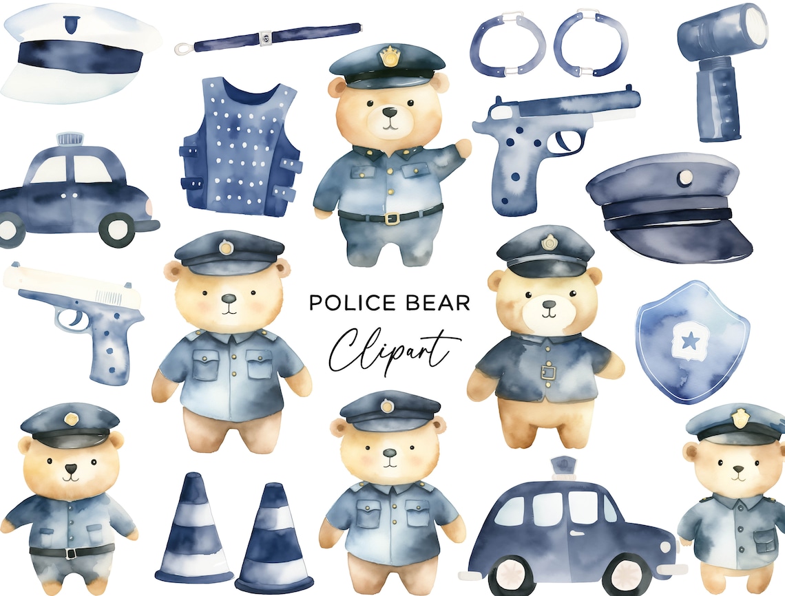 Police Bear Clipart Bundle, Watercolor Teddy Bear Policeman Car Gun ...