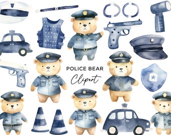 Police Kid Clipart Bundle, Cute Watercolor Boy Policeman Car Gun ...