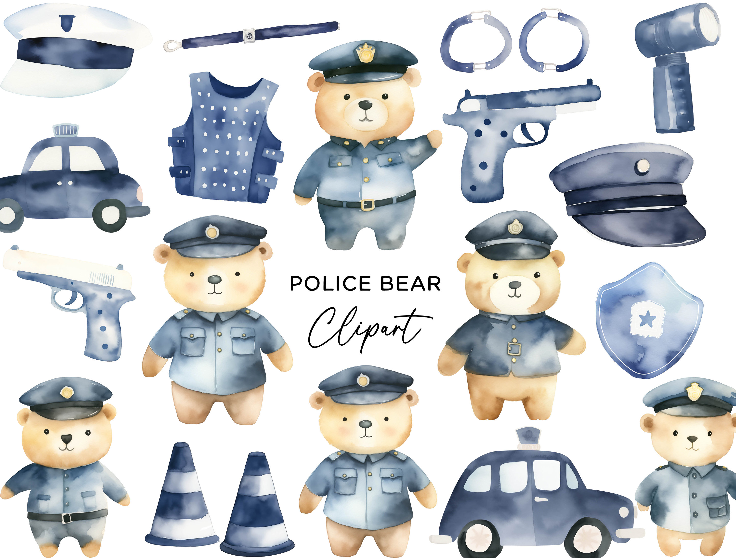Police Bear Clipart Bundle, Watercolor Teddy Bear Policeman Car Gun ...
