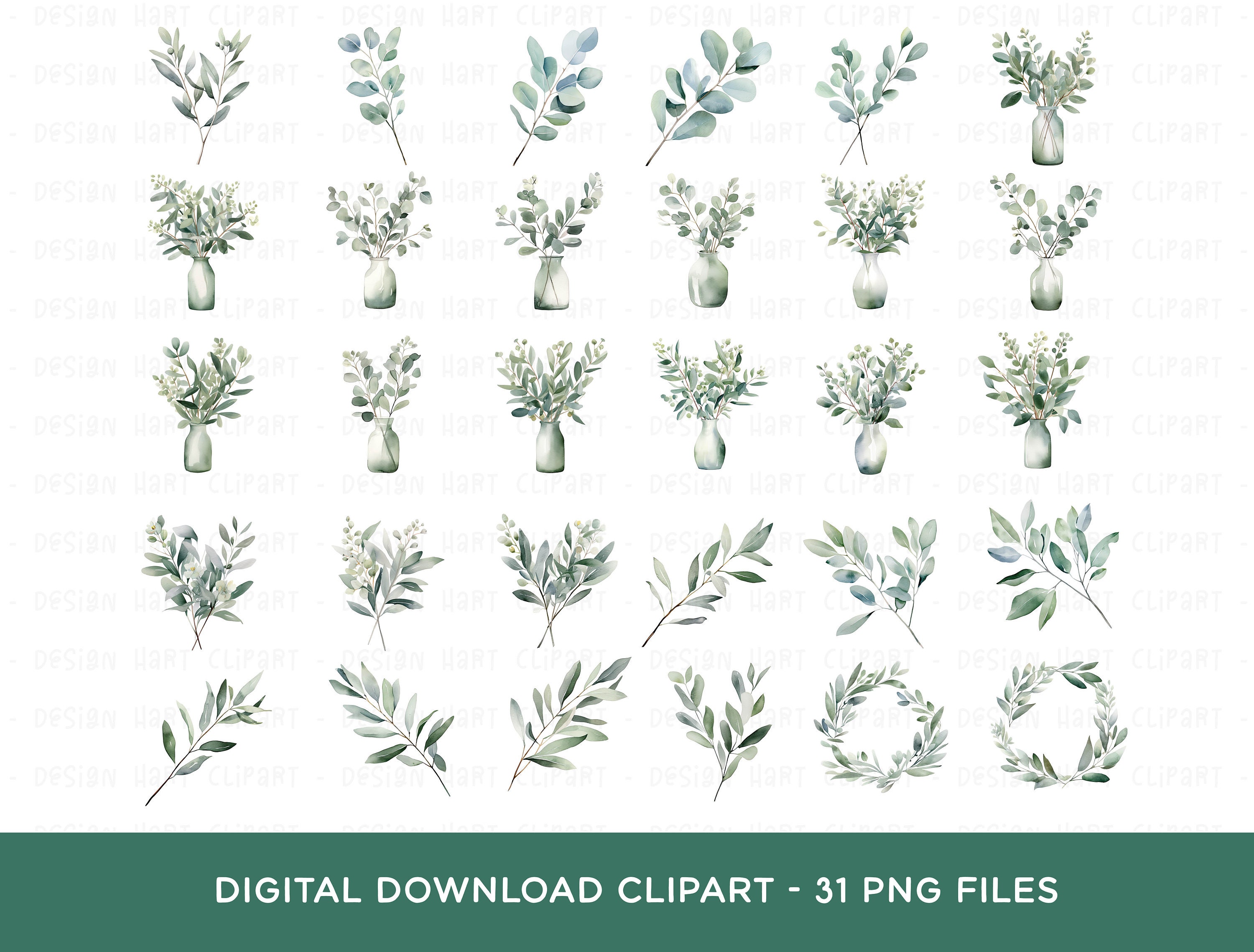 Eucalyptus Clipart Bundle, Watercolor Greenery Foliage Leaves PNG ...