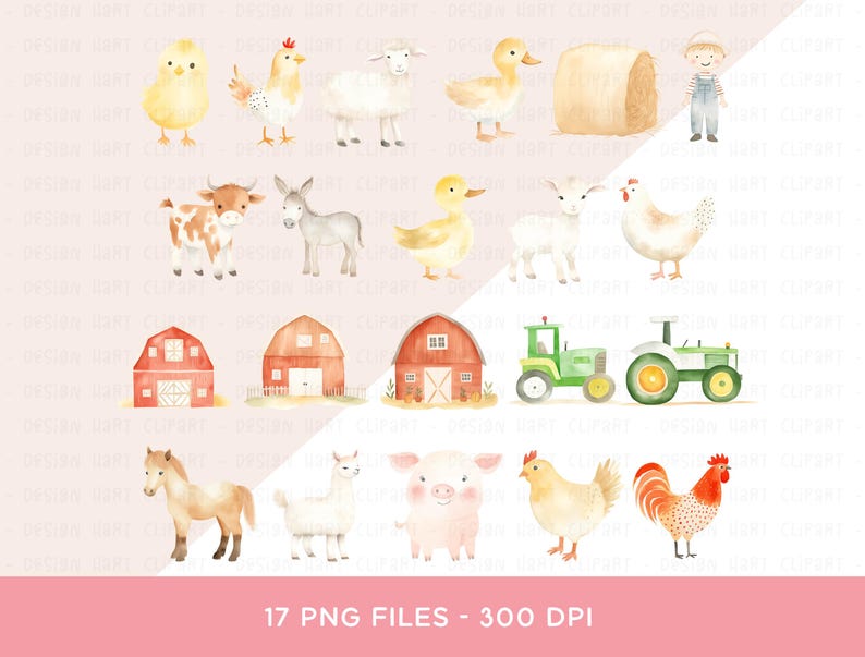 Farm Animals Clipart Bundle - Watercolor Barnyard Tractor Pig Duck ...