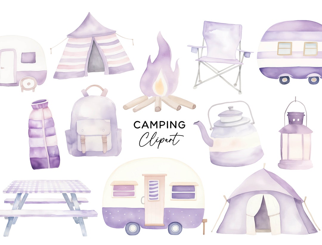 Camping Clipart Bundle, Purple Pastel Adventure Watercolor Camper Tent ...