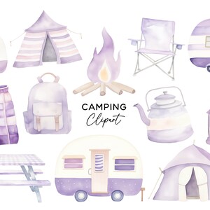 Camping Clipart Bundle, Purple Pastel Adventure Watercolor Camper Tent ...