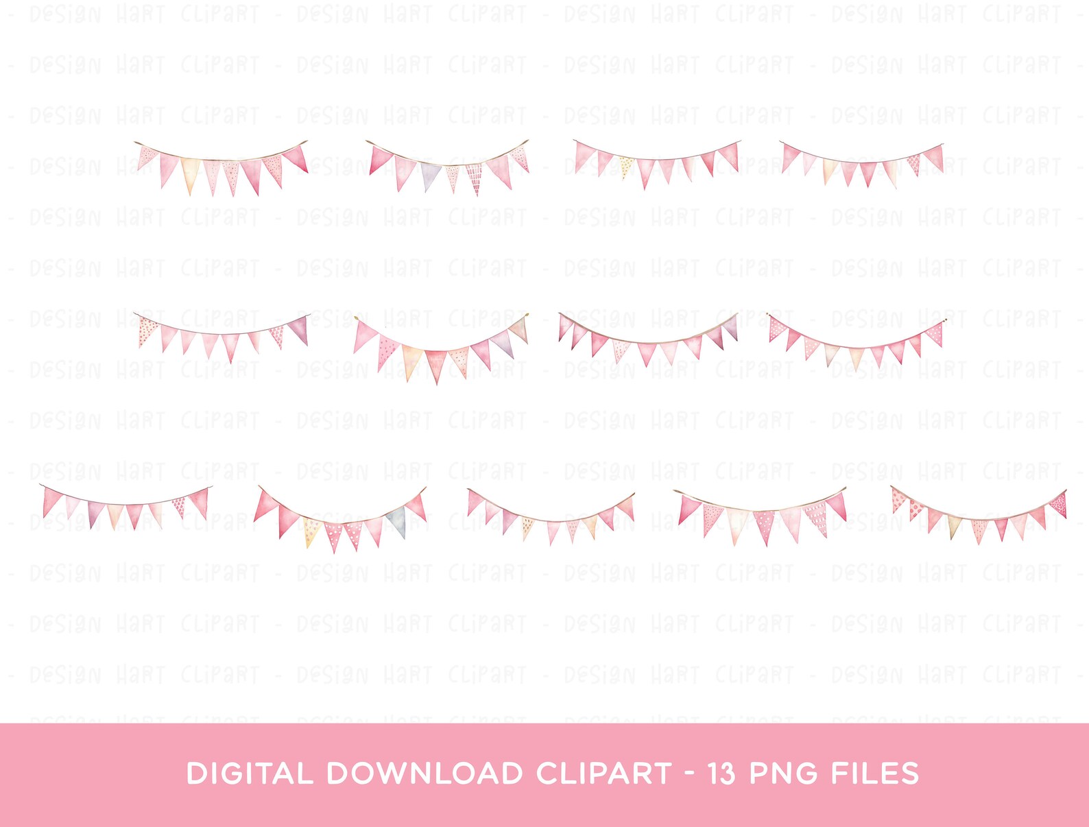 Bunting Clipart Bundle, Watercolor Pastel Flag PNG Digital Download ...