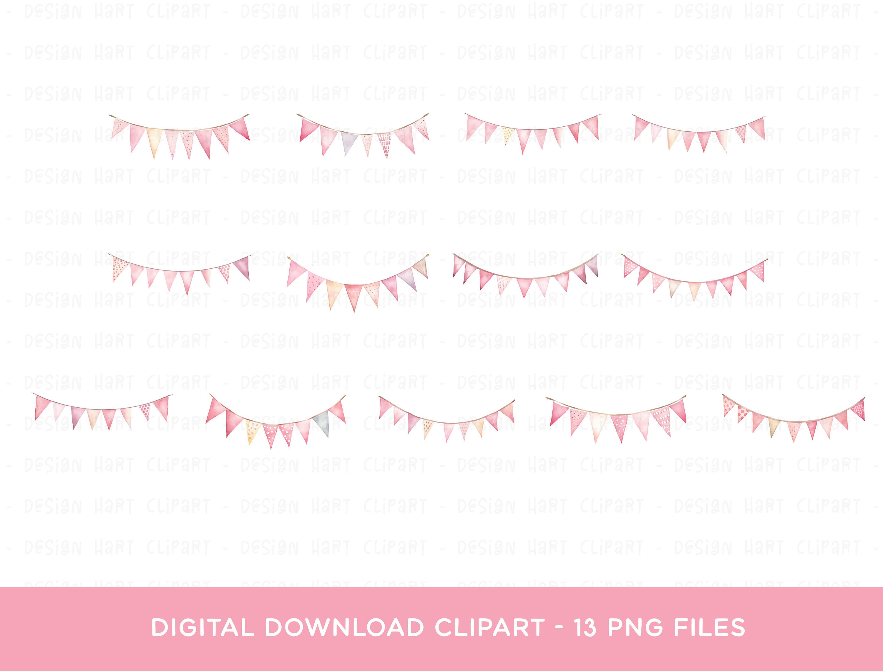 Bunting Clipart Bundle, Watercolor Pastel Flag PNG Digital Download ...