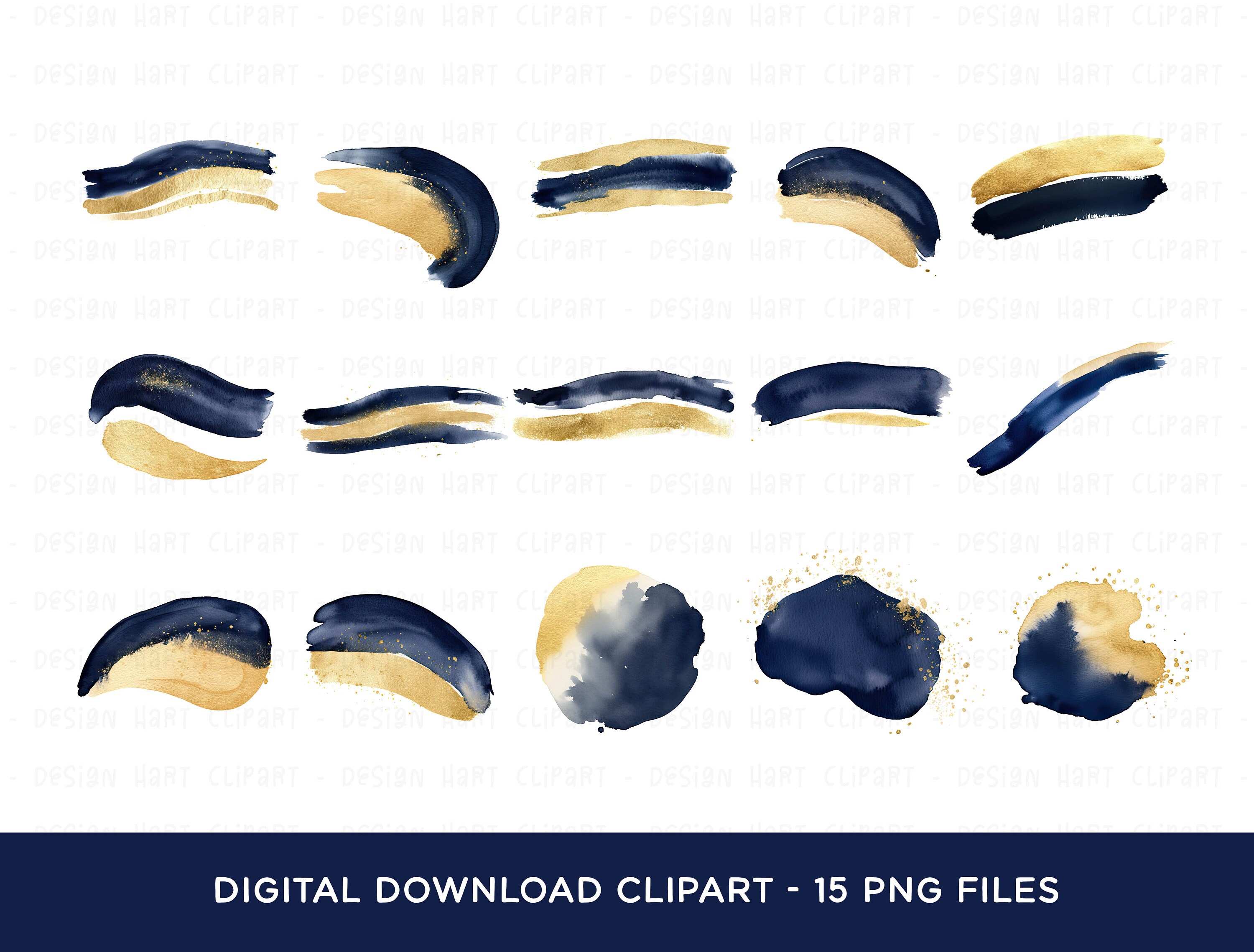 Brush Stroke Clipart Bundle Watercolor Navy Blue & Gold Foil Smudge ...
