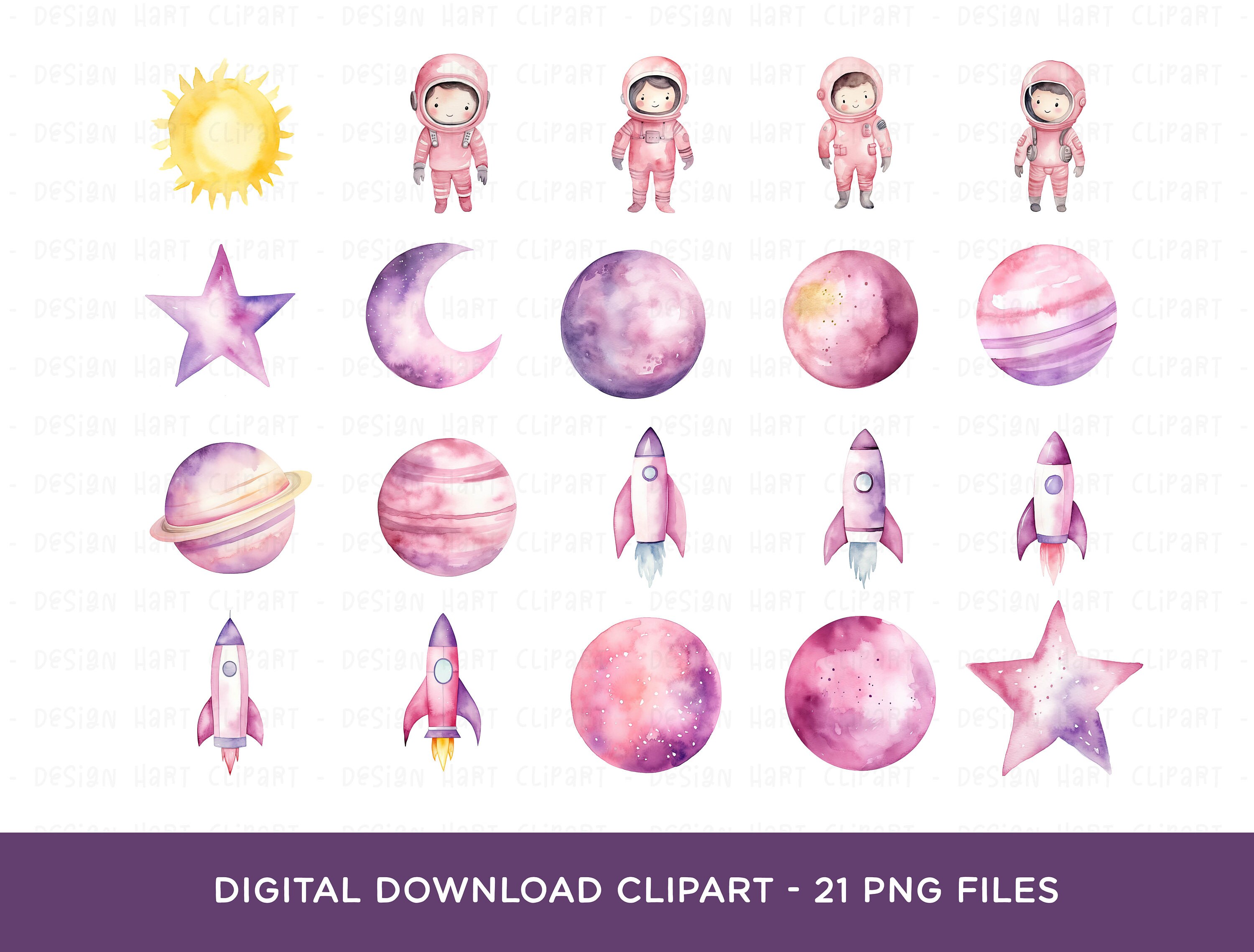 Astronaut Clipart Bundle, Watercolor Girl Pink Space Galaxy Rocket Ship ...