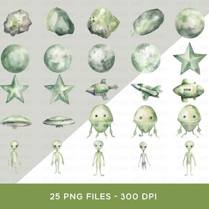 Alien Clipart Bundle - Watercolor Outer Space UFO Spaceship Planet ...