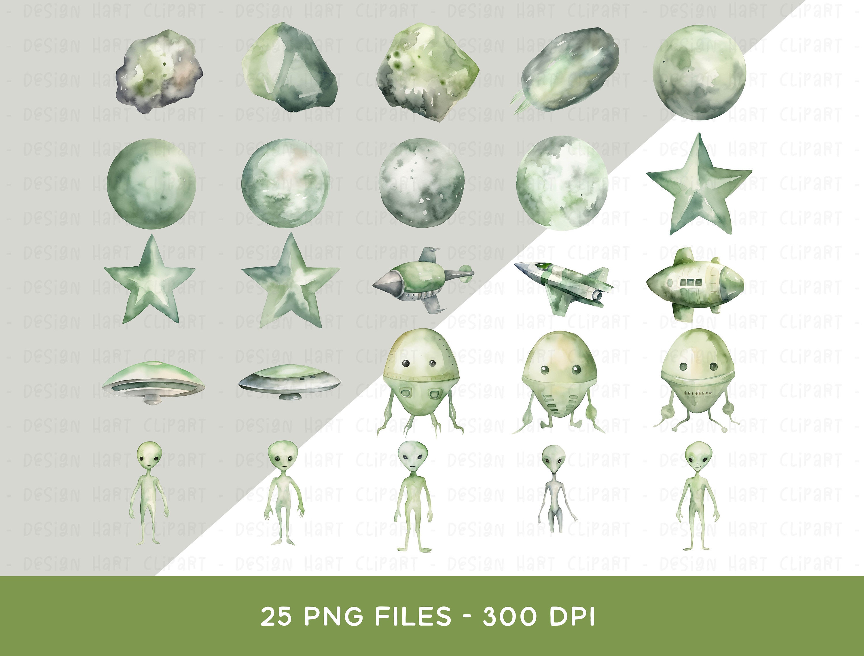 Alien Clipart Bundle Watercolor Outer Space UFO Spaceship Planet Green ...