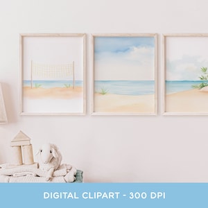 Beach Clipart Bundle - Pastel Watercolor Ocean Palm Tree Sun Waves PNG ...