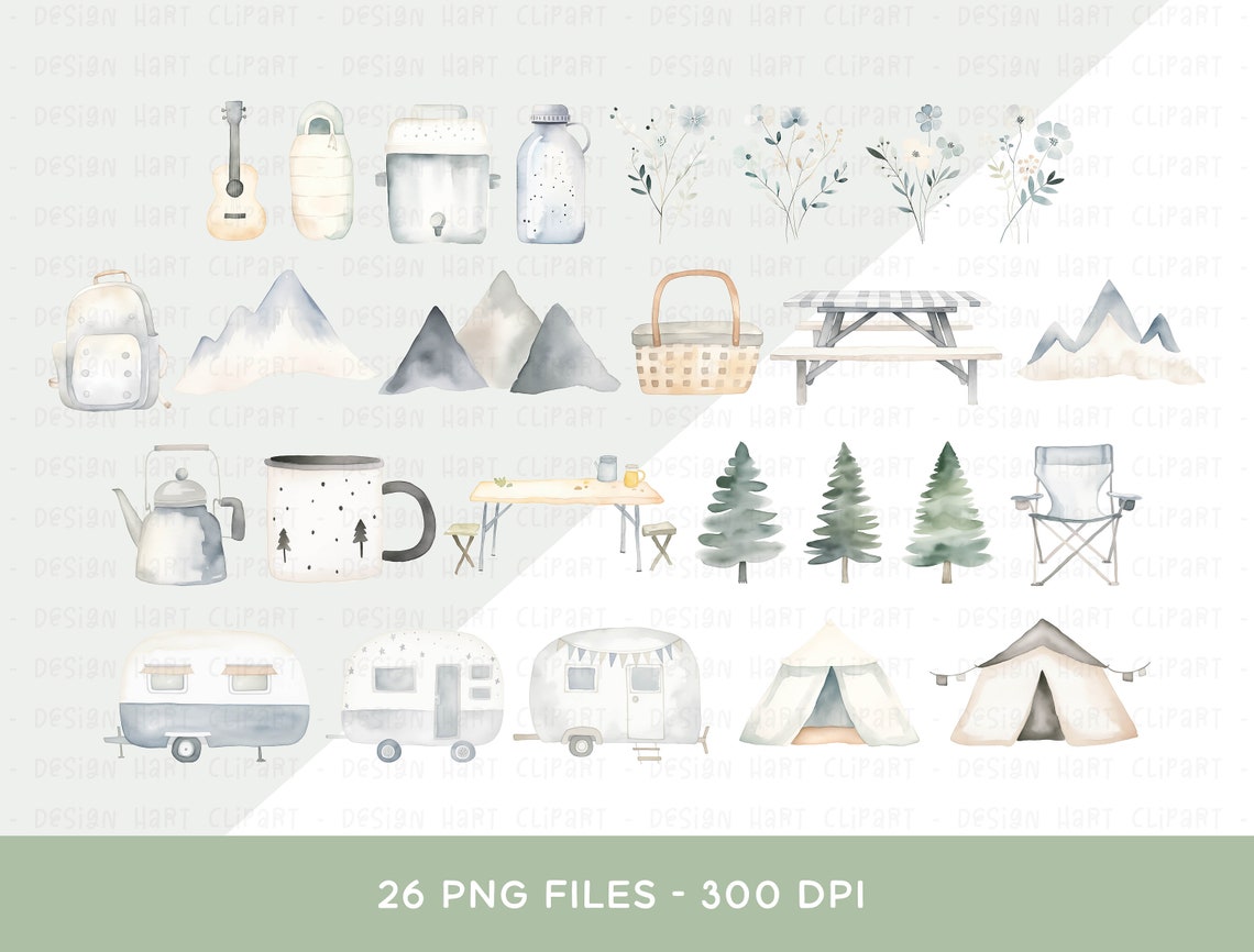 Camping Clipart Bundle, Camping Supplies Tent Caravan Camper Picnic ...