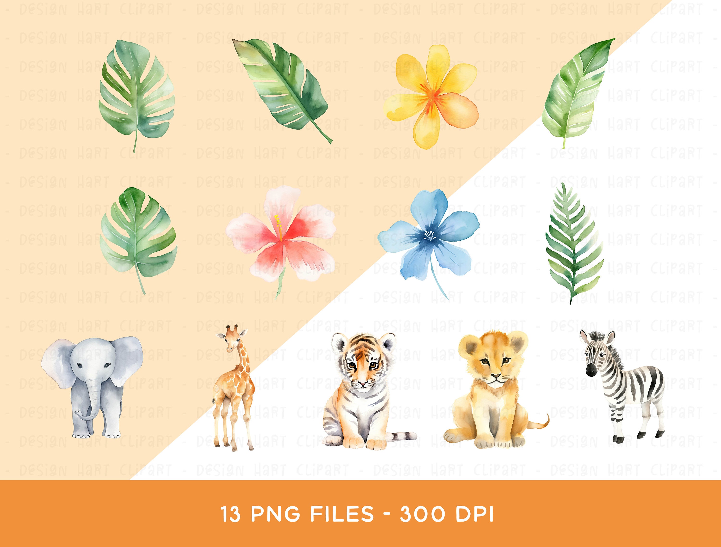 Safari Clipart Bundle, Watercolor Baby Jungle Zoo Animals Tropical ...