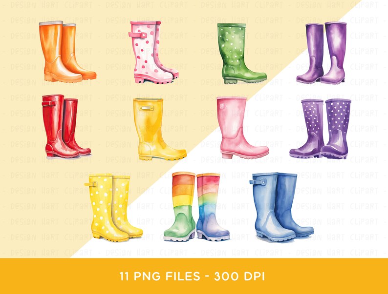 Gumboots Clipart Bundle, Watercolor Wellies Rain Boots Winter Rainy ...