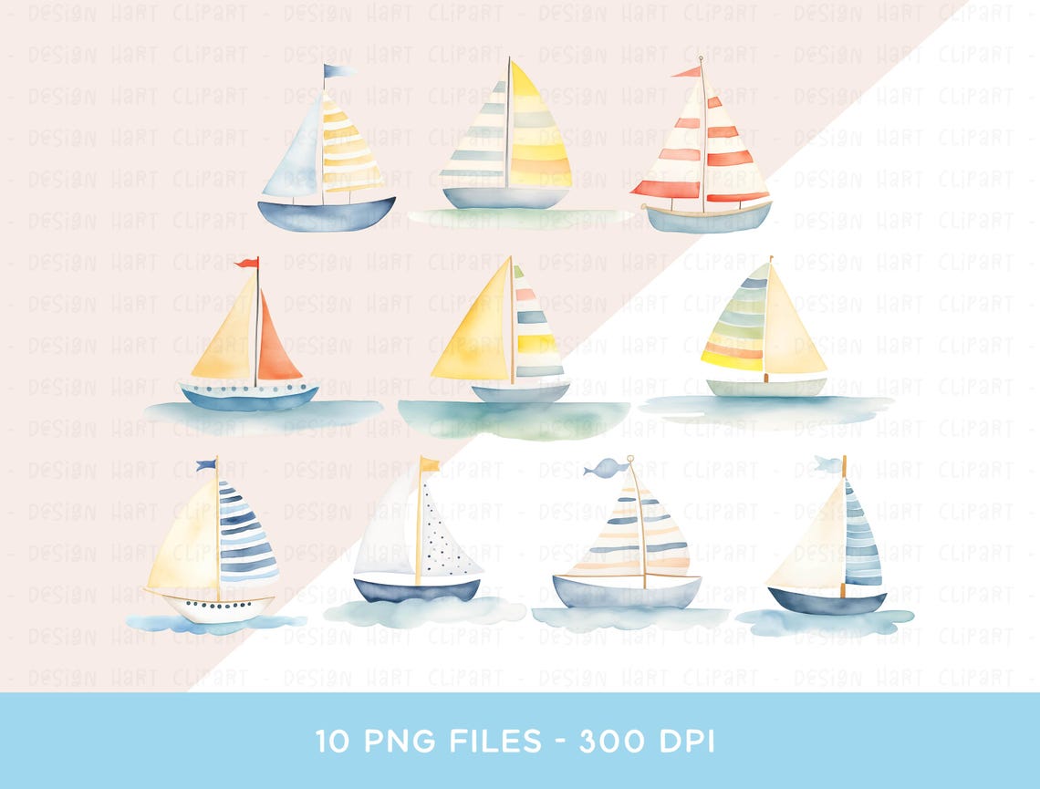 Sailboat Clipart Bundle Set, Watercolor Colorful Kids Sailing Boats ...