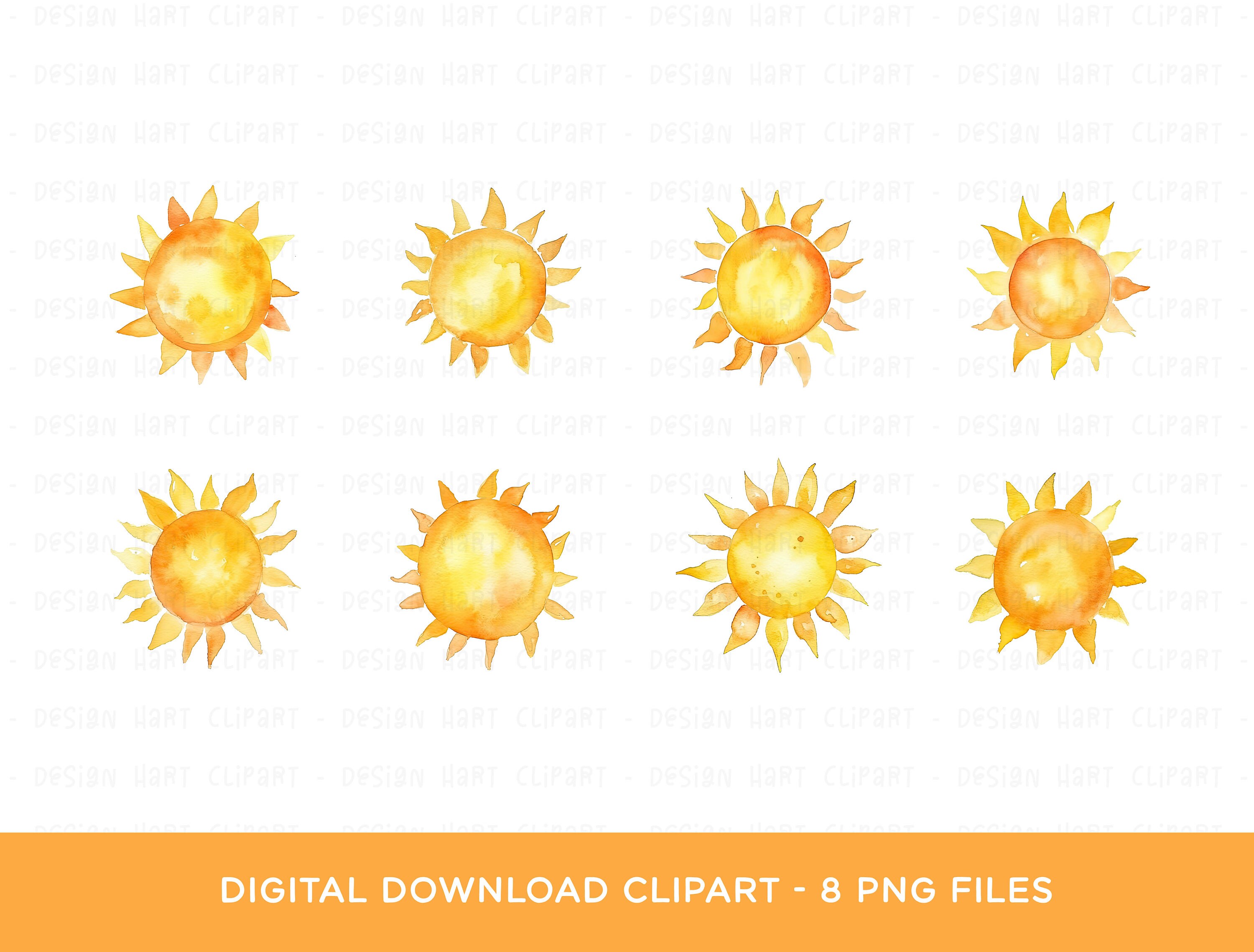 Watercolor Sun Clipart Bundle, Smiling Happy Sun, PNG Sublimation ...