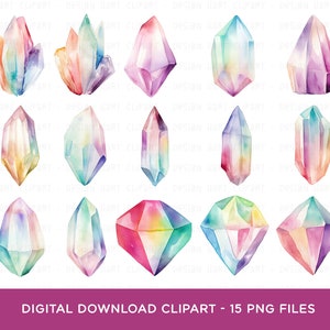 Crystal Clipart Bundle, Watercolor Rainbow Gem Jewel Diamond PNG ...