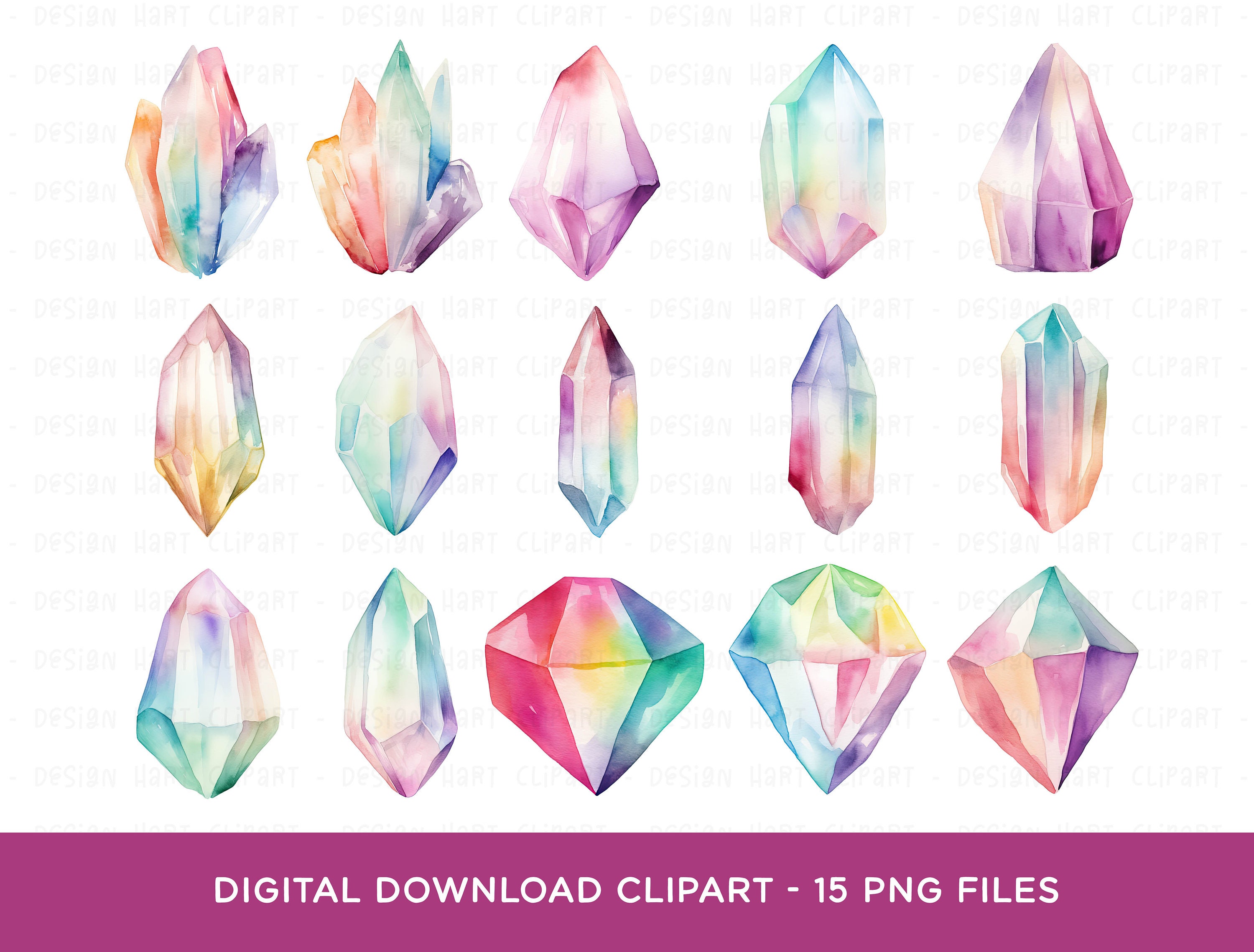 Crystal Clipart Bundle, Watercolor Rainbow Gem Jewel Diamond PNG ...