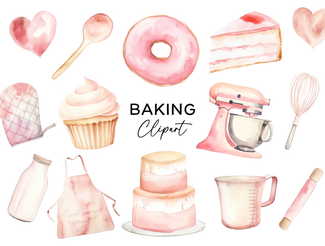 Baking Clipart Bundle - Pink Bakery Watercolor Kitchen Cupcake Cake ...