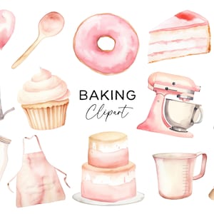 Baking Clipart Bundle - Pink Bakery Watercolor Kitchen Cupcake Cake ...