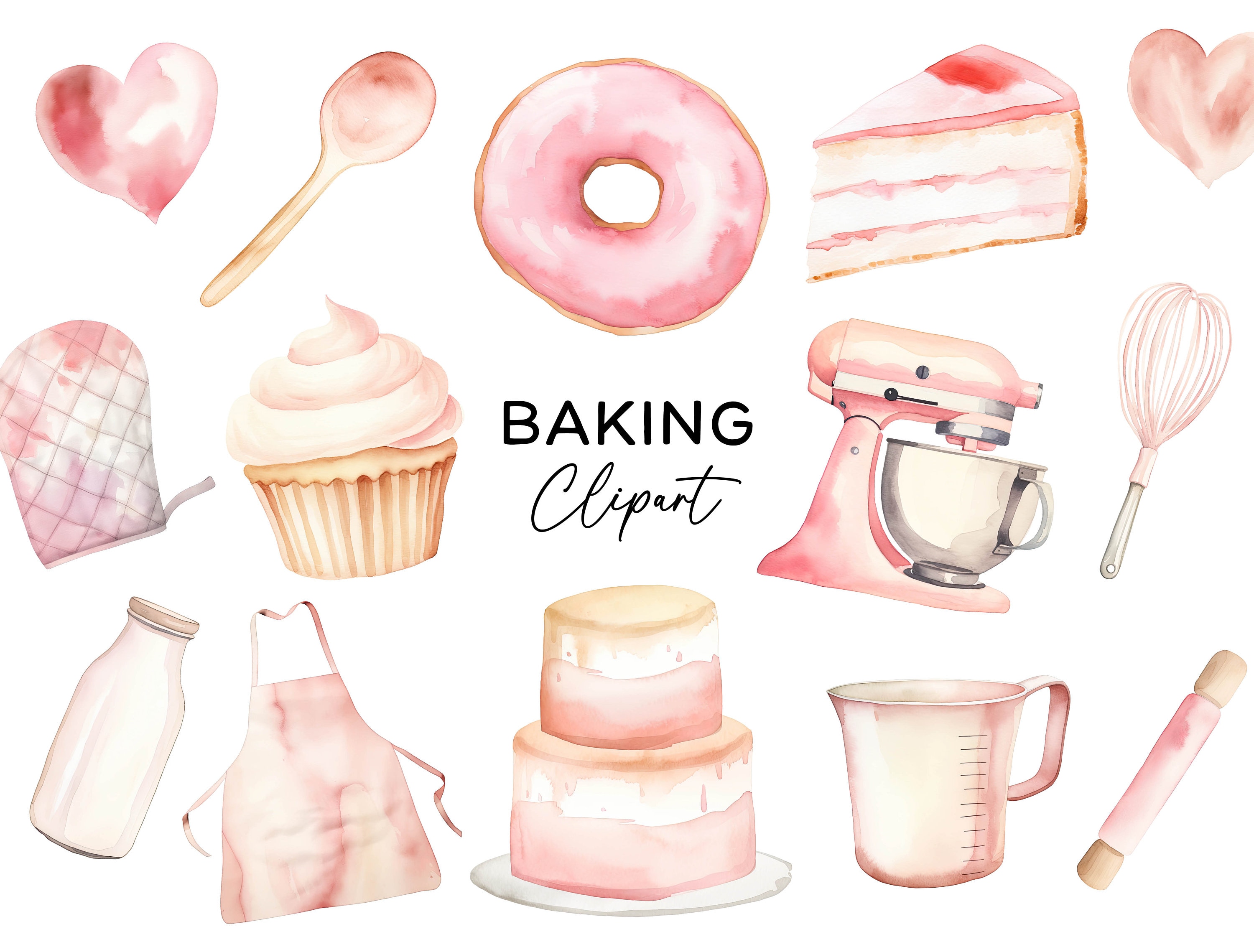 Baking Clipart Bundle Pink Bakery Watercolor Kitchen Cupcake Cake Mixer ...