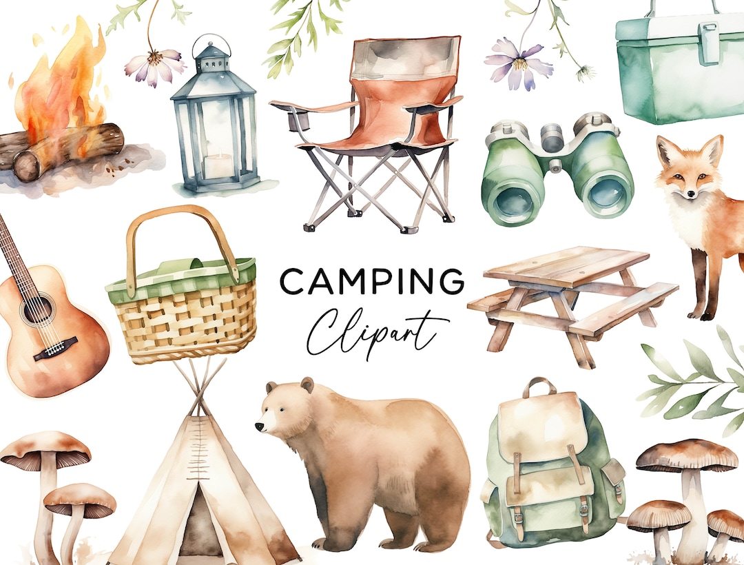 Camping Clipart Bundle, Adventure Watercolor Camper Tent Forest Animal ...