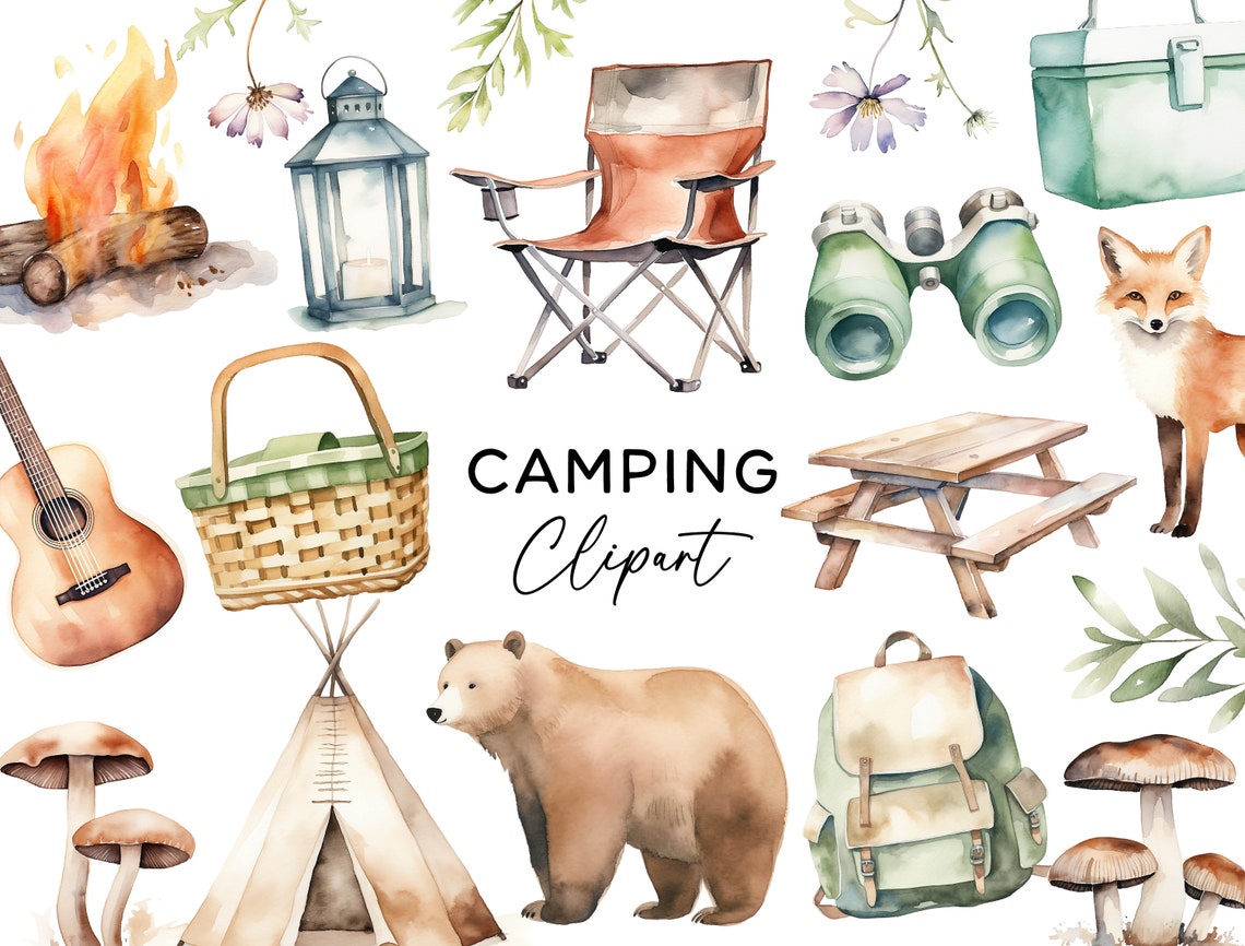 Camping Clipart Bundle, Adventure Watercolor Camper Tent Forest Animal ...