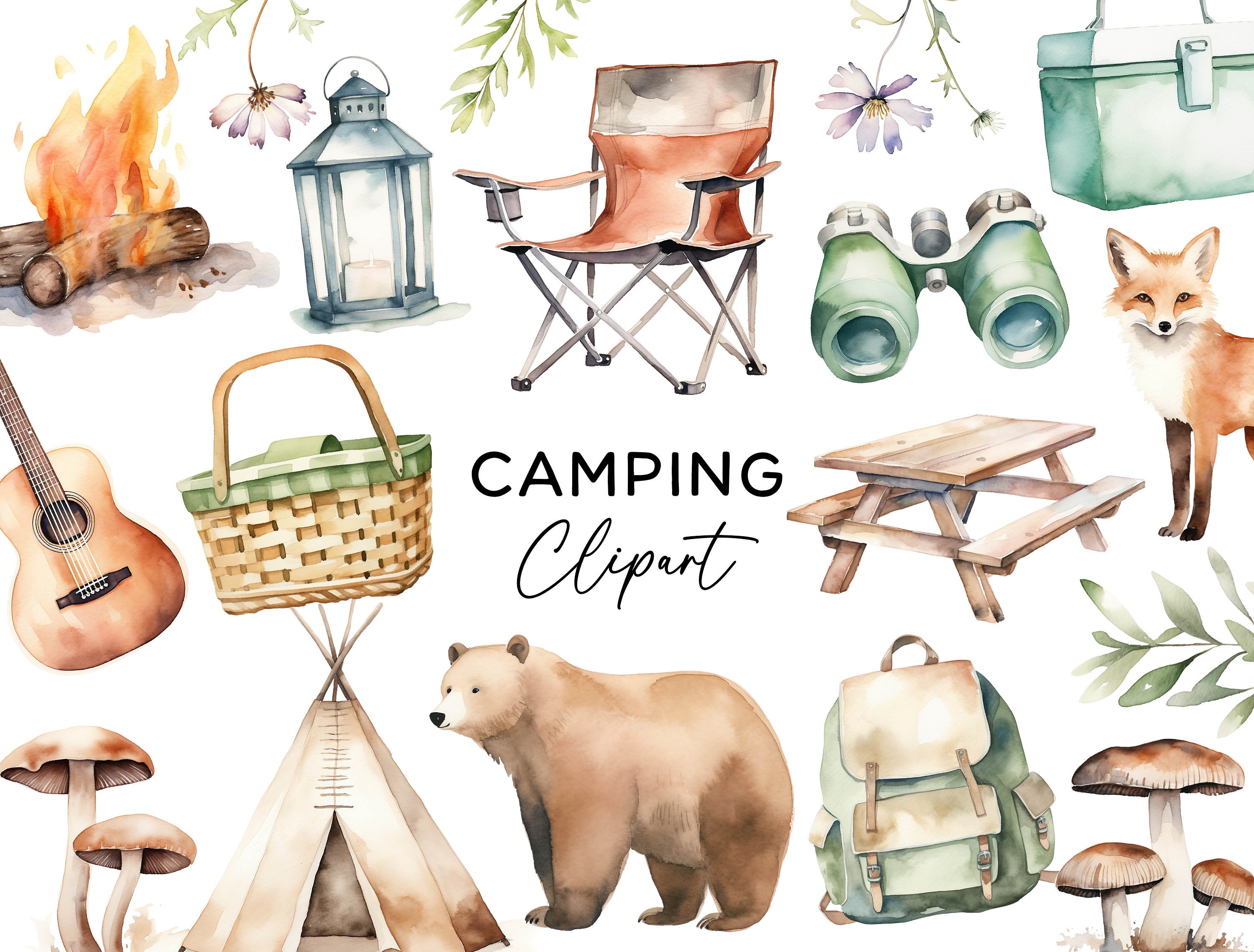 Camping Clipart Bundle, Adventure Watercolor Camper Tent Forest Animal ...