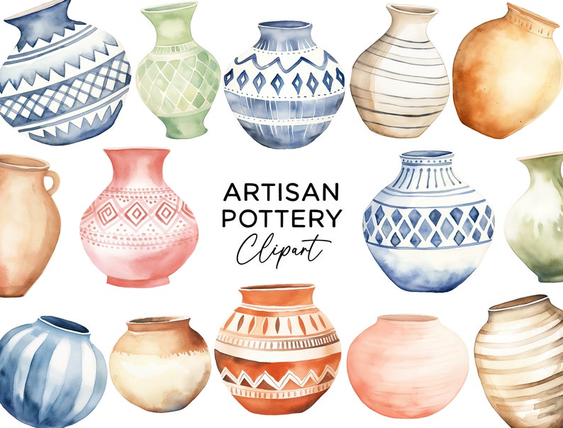 Artisan Pottery Clipart Bundle, Watercolor Vase Clay Pots PNG Graphics ...