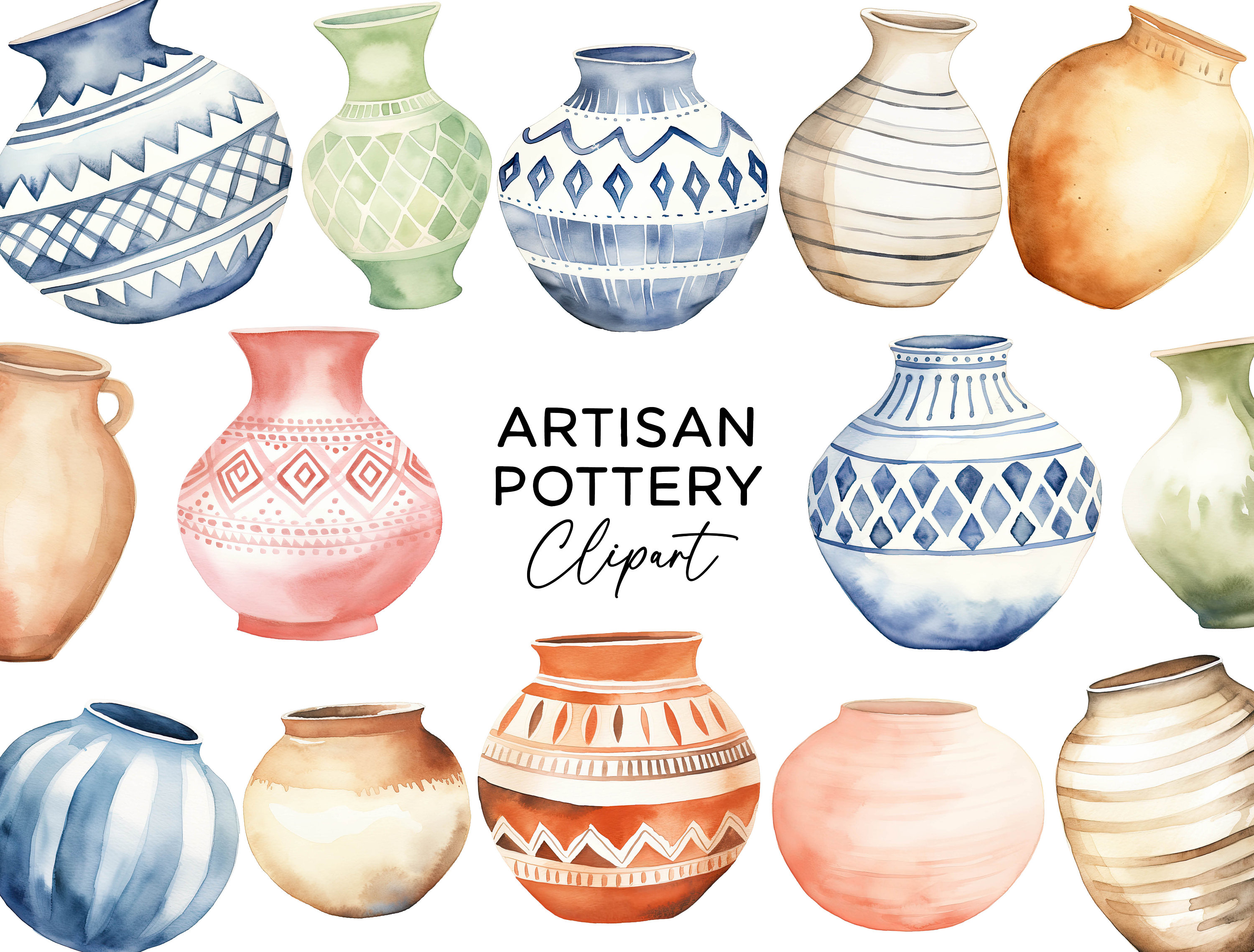 Artisan Pottery Clipart Bundle, Watercolor Vase Clay Pots PNG Graphics ...