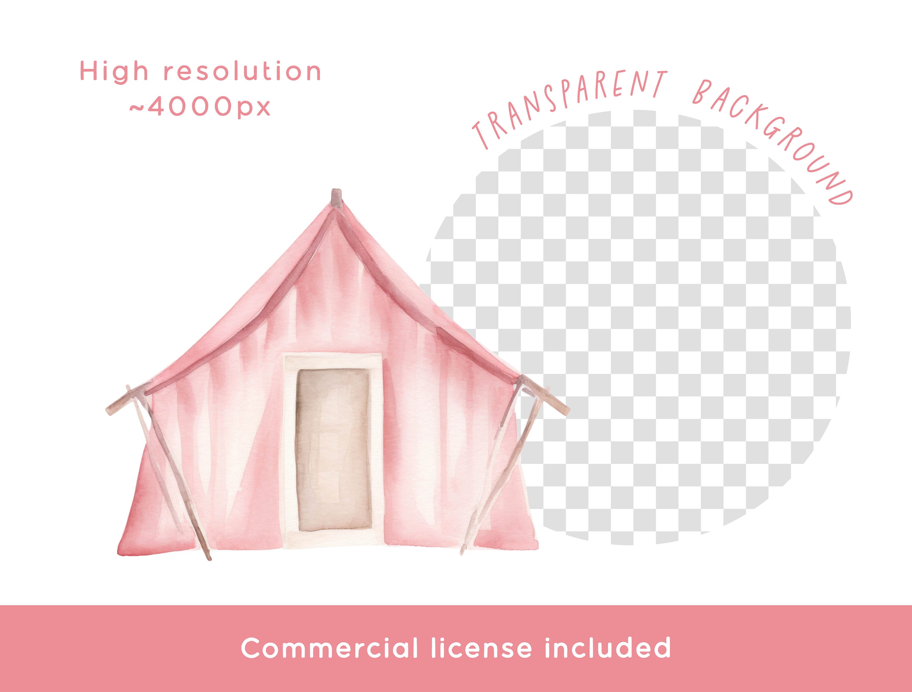 Pink Camping Clipart Bundle, Watercolor Adventure Camper Tent Campfire ...