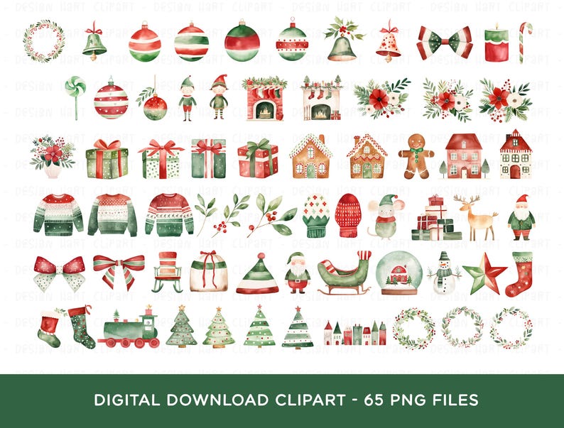 Christmas Clipart Bundle, PNG Digital Download Watercolor Red Green ...