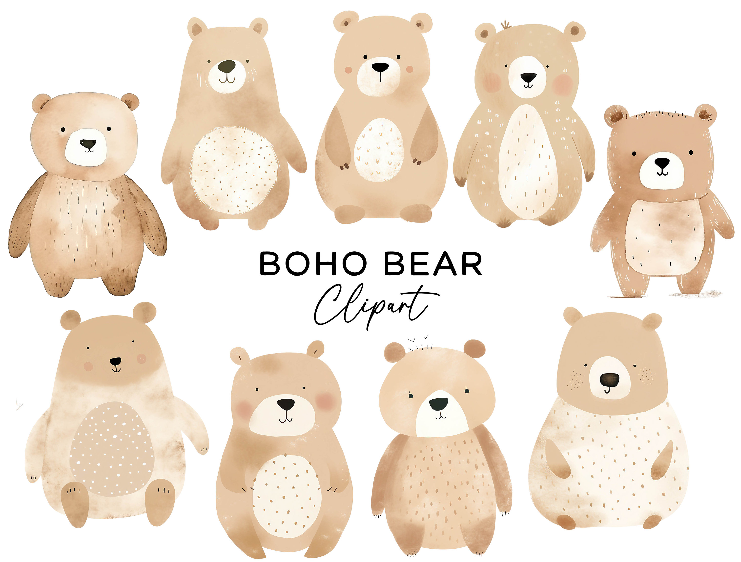 Boho Bear Clipart Bundle Set - Scandi Woodland Teddy Bear Watercolor ...