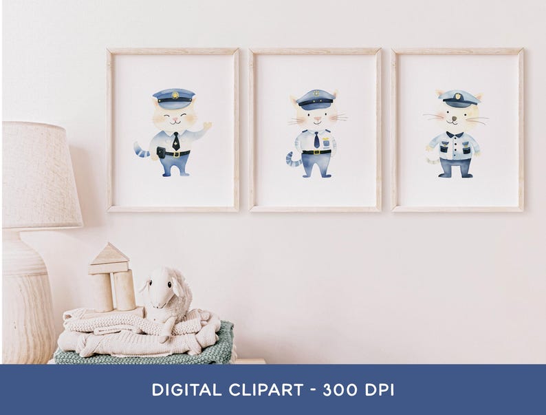Police Cat Clipart Bundle, Watercolor Kitty Policeman Car Gun Handcuffs ...
