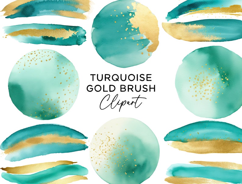 Brush Stroke Clipart Bundle - Watercolor Turquoise & Gold Foil Smudge ...