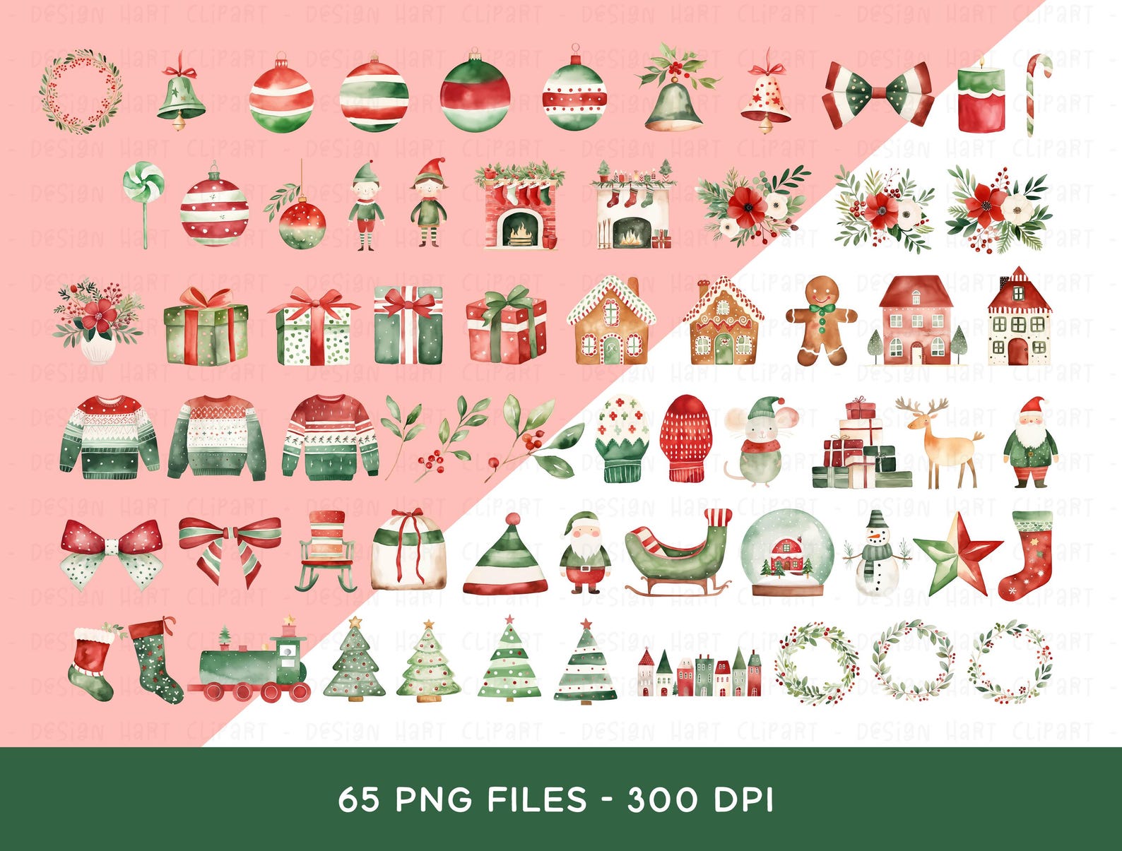Christmas Clipart Bundle, PNG Digital Download Watercolor Red Green ...