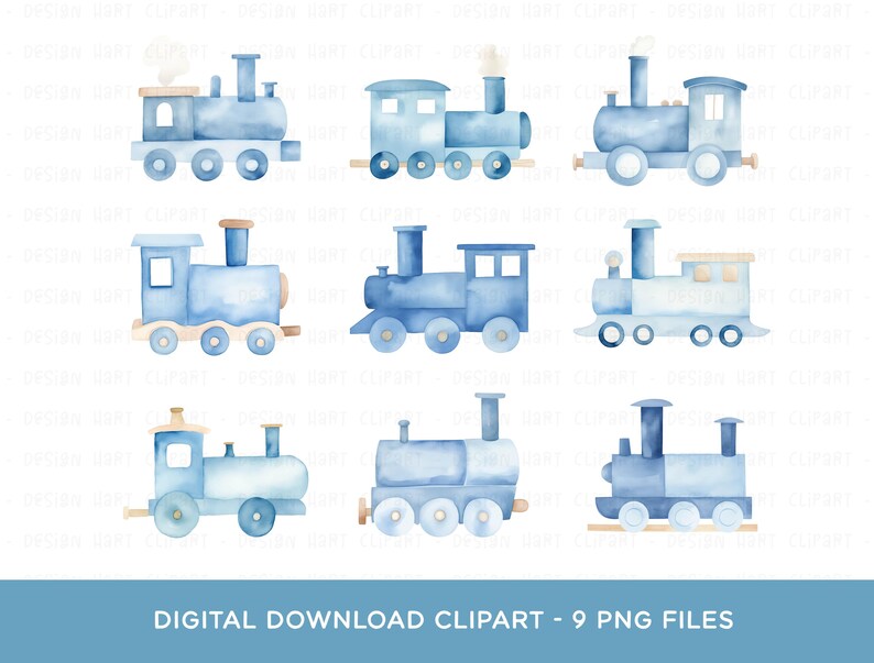 Train Clipart Bundle, PNG Download Watercolor Blue Vintage Classic ...