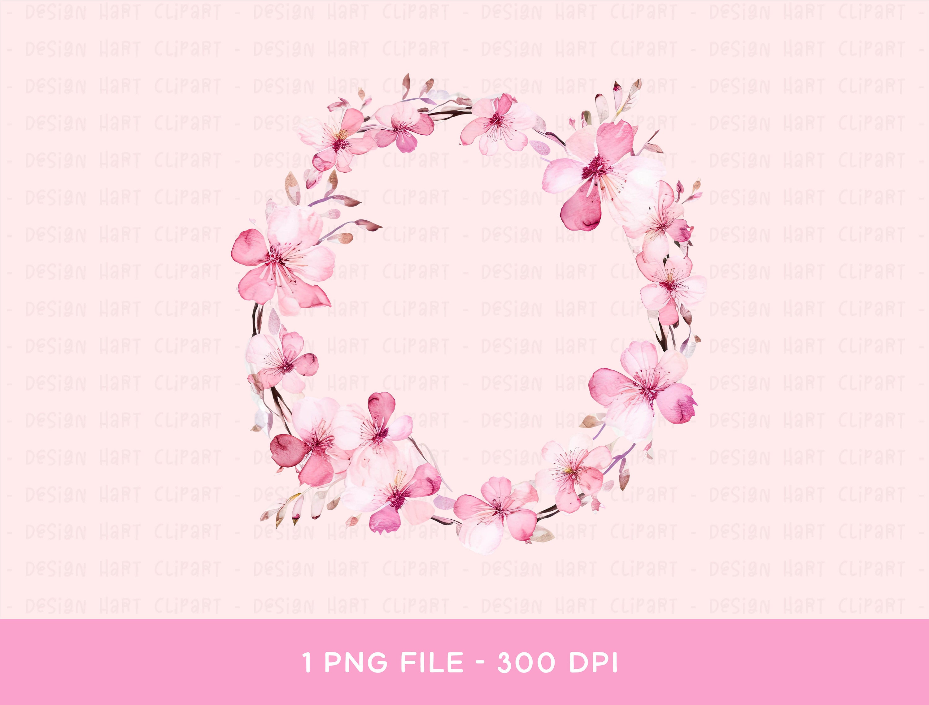 Blossom Wreath Clipart, Watercolor Cherry Pink Floral PNG Digital ...