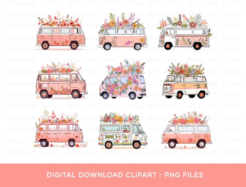Retro Floral Van Clipart Bundle, Groovy Pastel Flowers PNG Digital ...