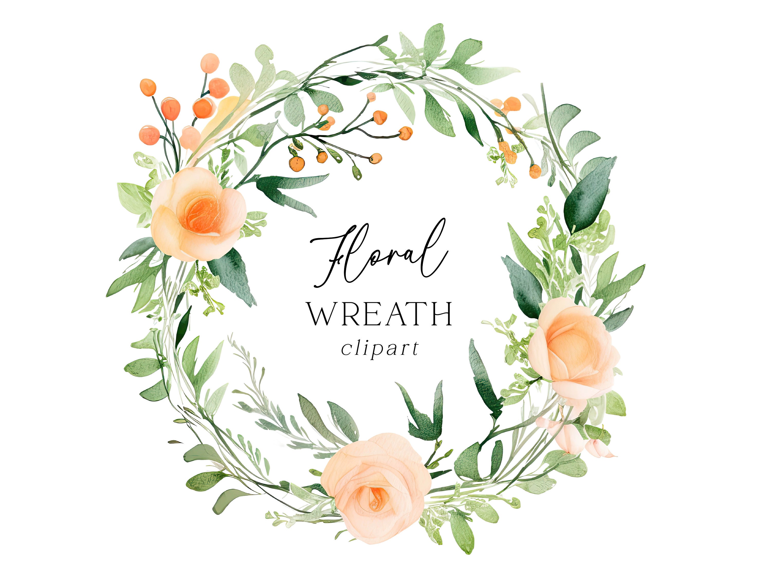 Floral Wreath Clipart - Watercolor Peach Orange Rose Botanical PNG for ...