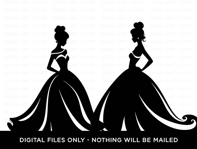 Princess Silhouette Clipart Bundle, Black & White Outline Art PNG SVG ...