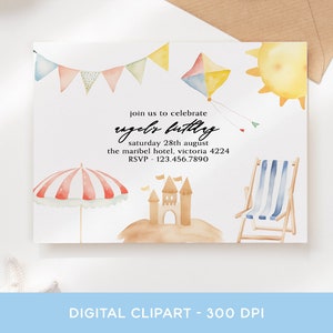 Beach Clipart Bundle, Summer Ocean Kite Sandcastle Umbrella Sun Ice ...