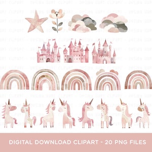Unicorn Clipart Bundle, Cute Pink Unicorn Rainbow Magical Stars Clouds ...