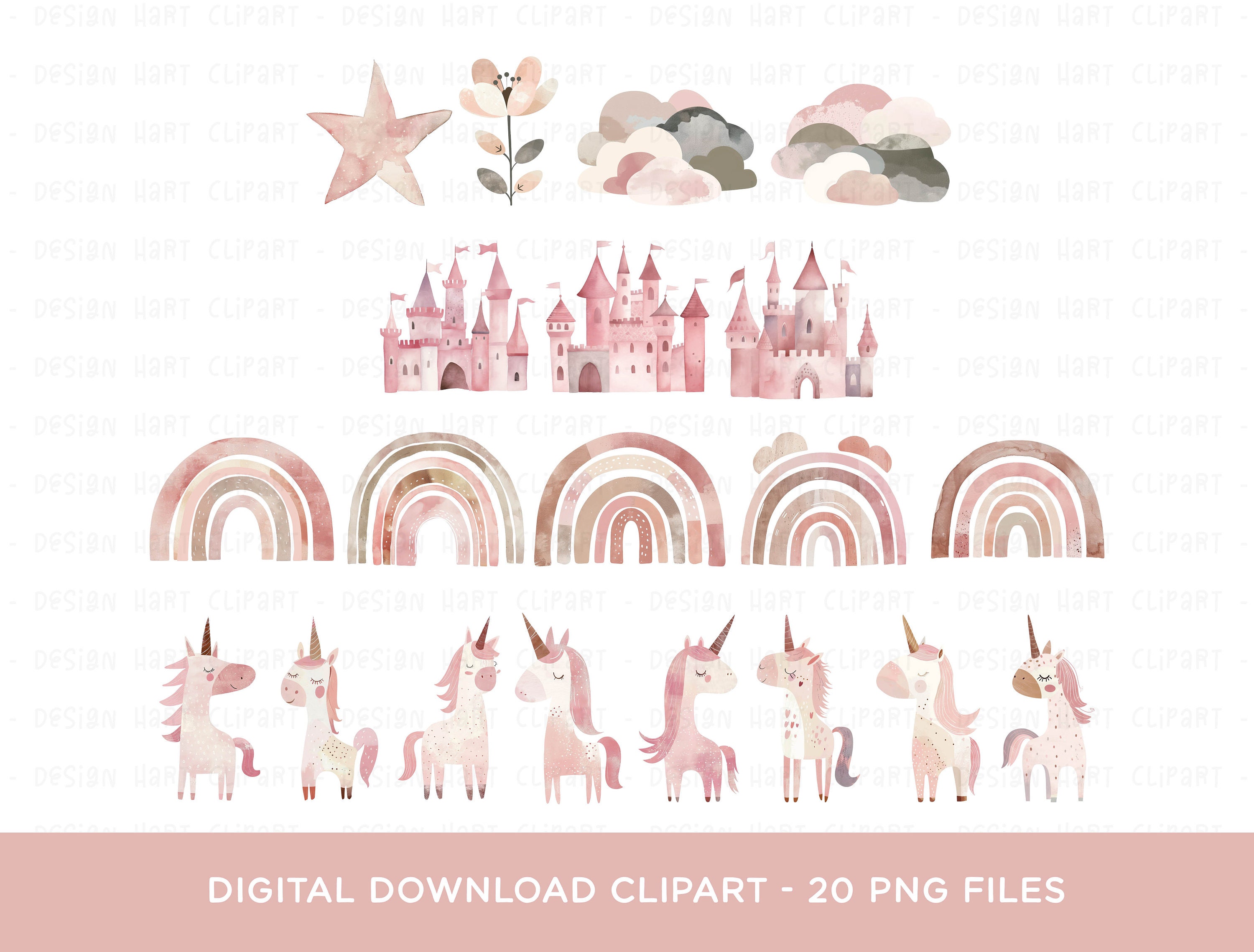 Unicorn Clipart Bundle, Cute Pink Unicorn Rainbow Magical Stars Clouds ...