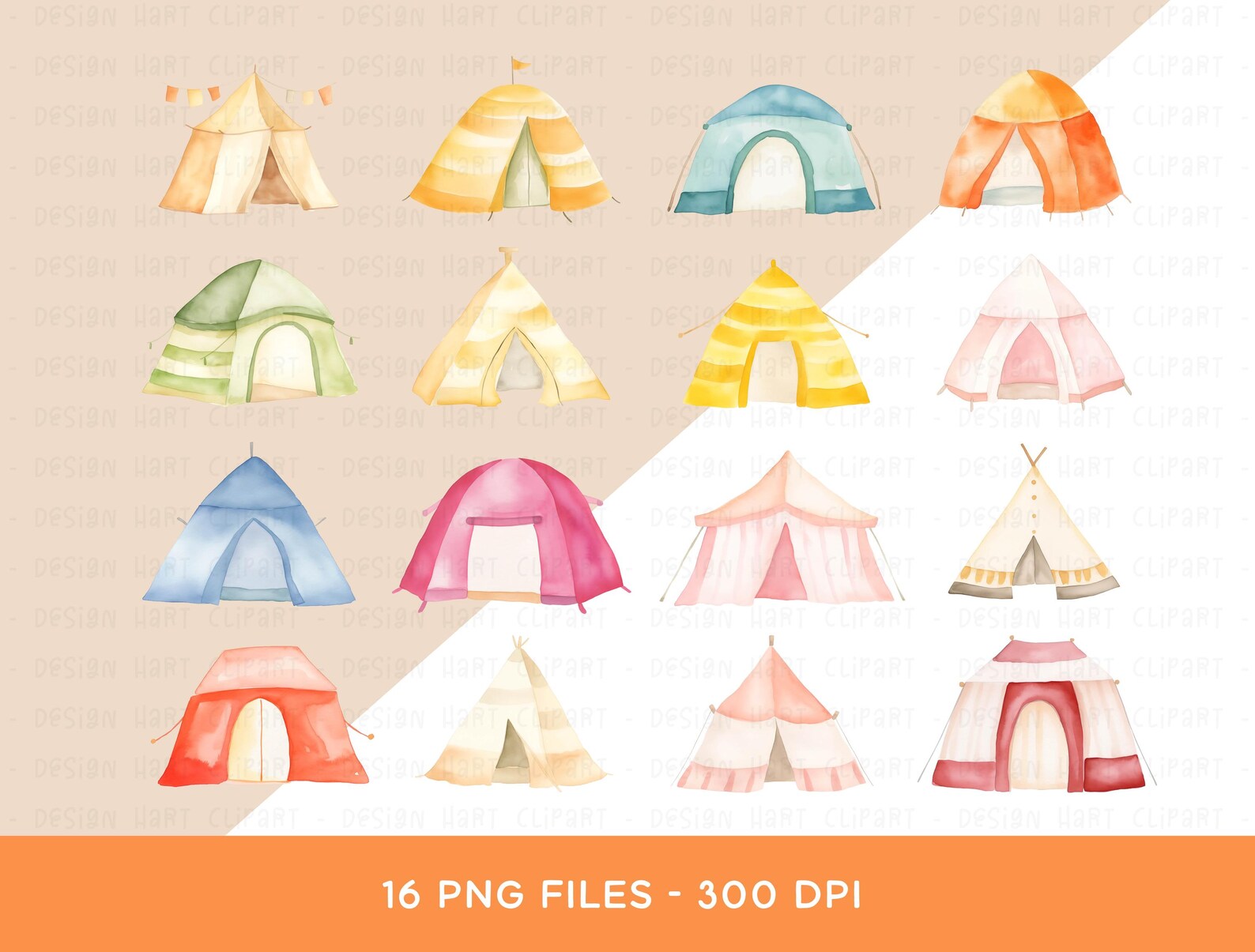 Tents Clipart Bundle, PNG Graphics Digital Download Watercolor Camping ...