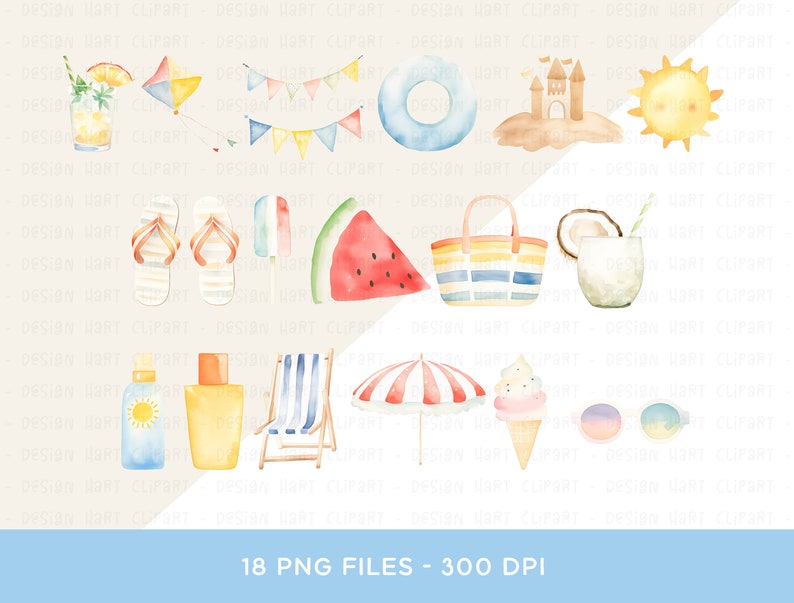 Beach Clipart Bundle, Summer Ocean Kite Sandcastle Umbrella Sun Ice ...